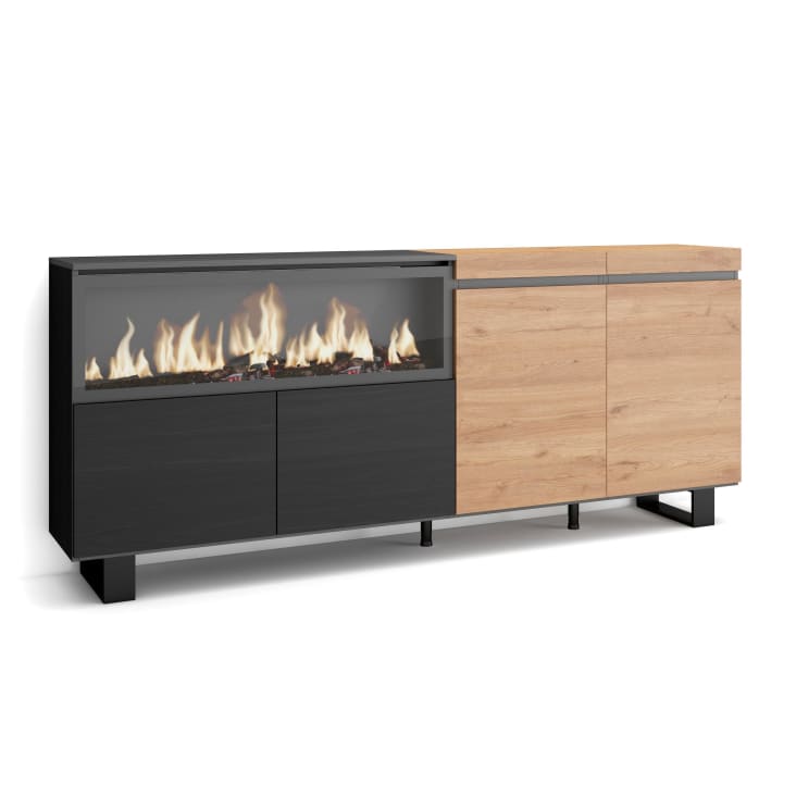 Buffet effet bois chêne et noir 208x35x87cm cheminée effet feu XXL Cozy ...