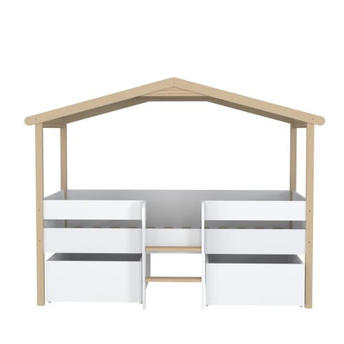 Hausbett mit 2 Schubladen aus hellem Holz und Weiß, 90x200 cm Piloti ...