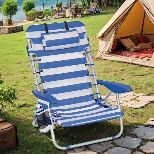 Silla de camping con apoyabrazos y correa de color azul y blanco Sandy ...