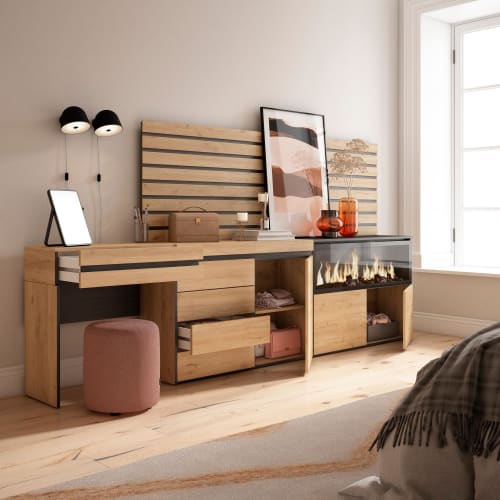 Coiffeuse effet bois de chêne 284x35x145cm cheminée effet feu XXL Cozy ...