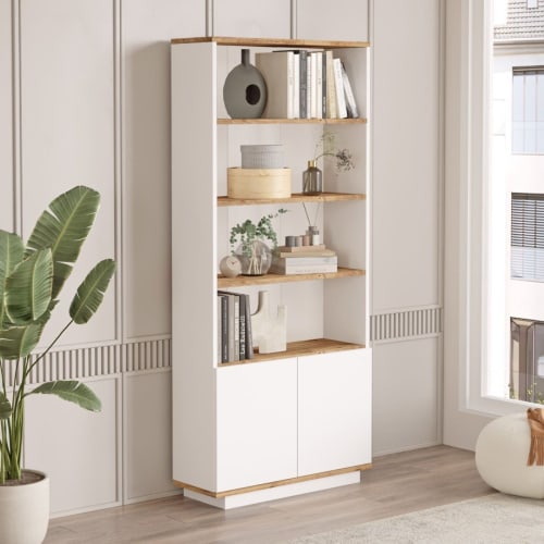 Biblioteca con 2 puertas efecto pino atlántico y blanco H168,3 cm | Maisons du Monde