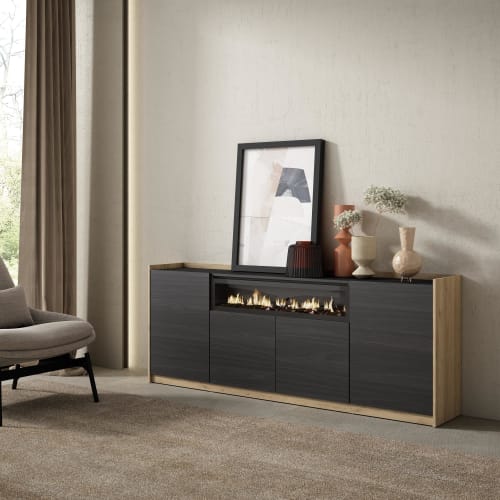 Buffet effet bois noir et chêne 207x37x80cm cheminée effet feu Sokkel ...